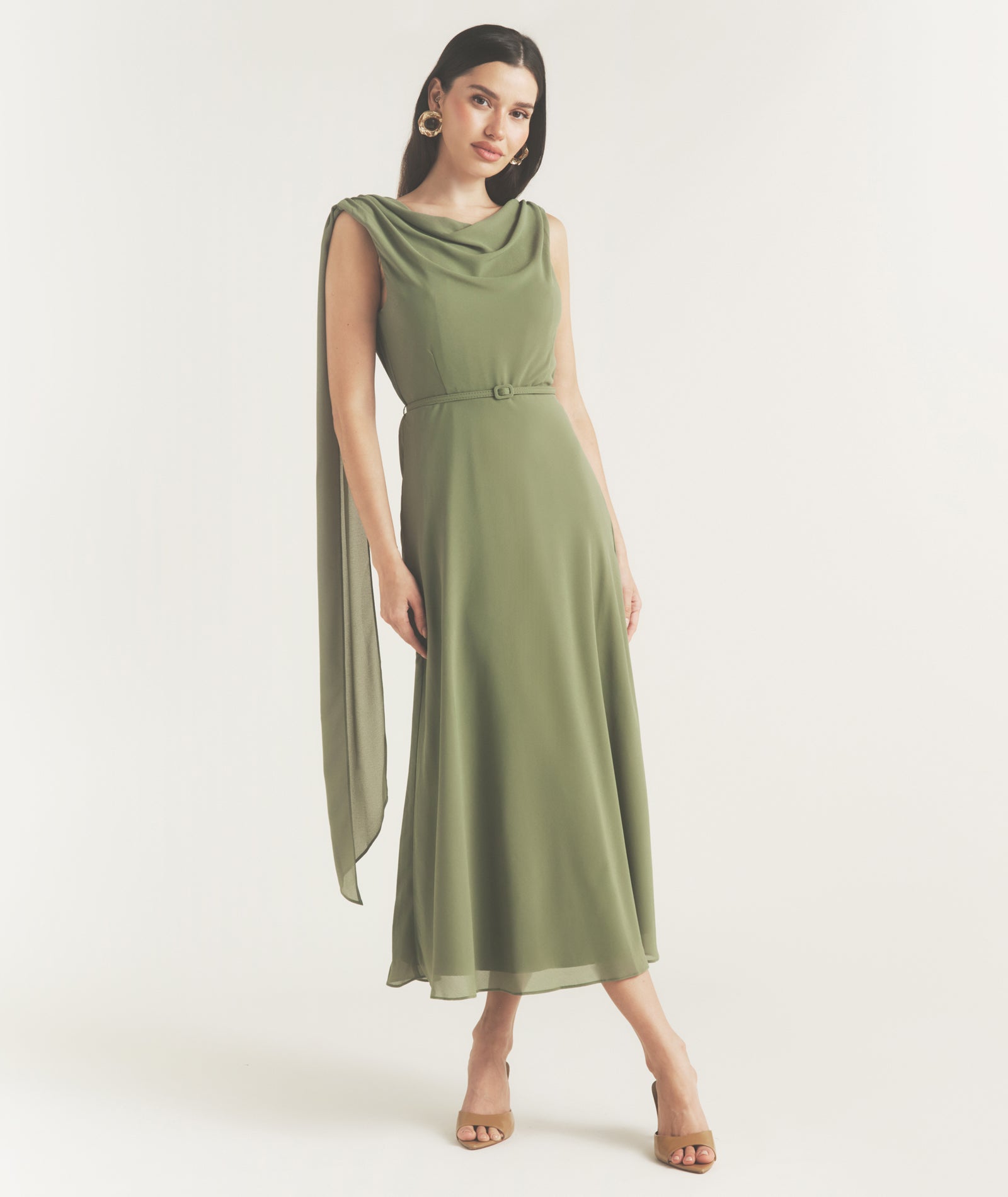 Cowl Front Drape Detail Belted Midi Dress - Sage – Six Stories