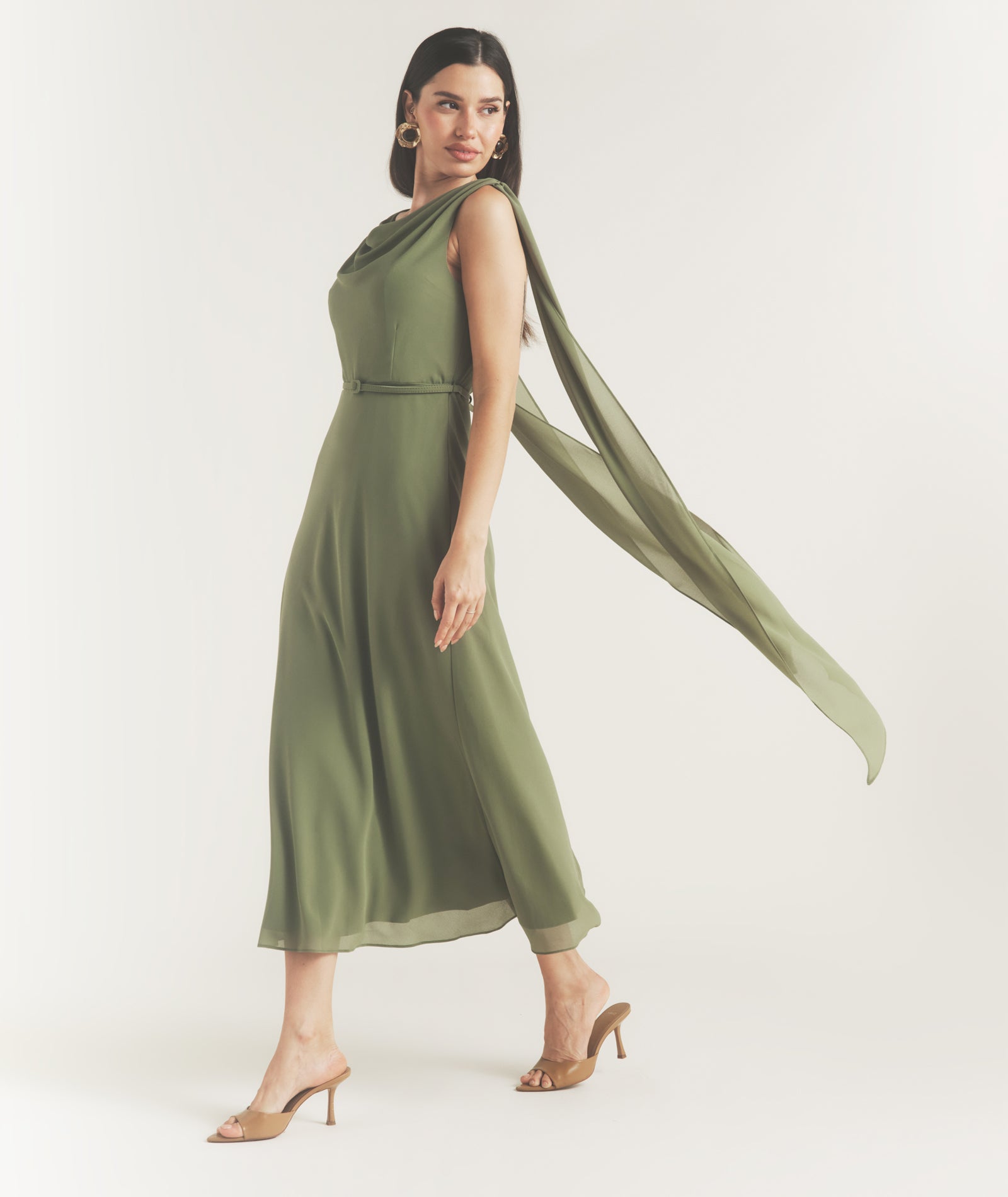 Cowl Front Drape Detail Belted Midi Dress - Sage – Six Stories