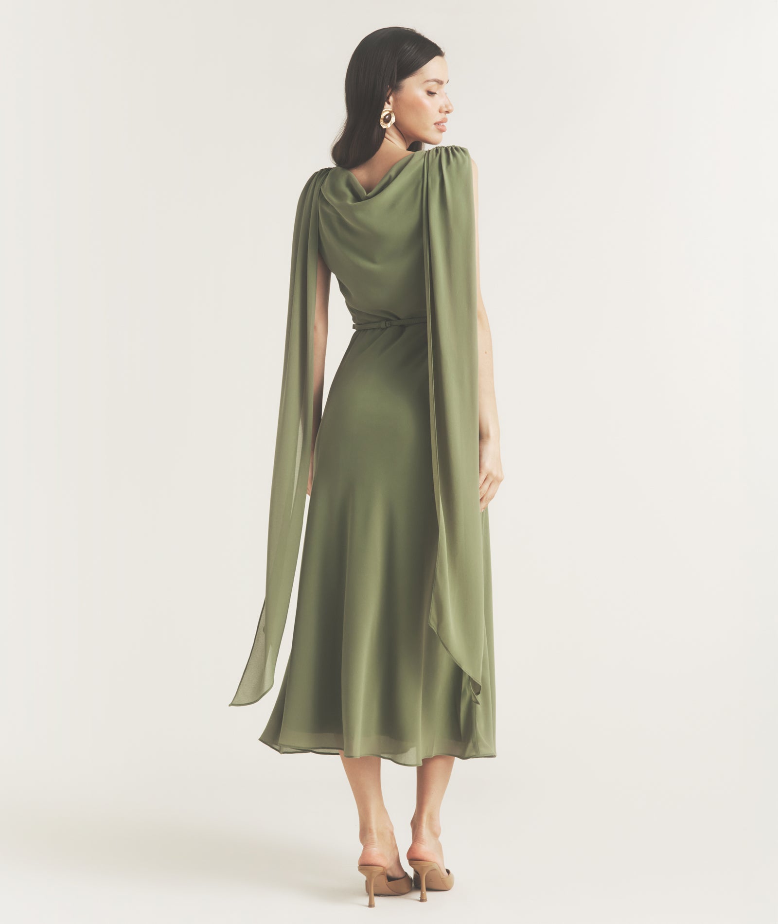 Cowl Front Drape Detail Belted Midi Dress - Sage – Six Stories