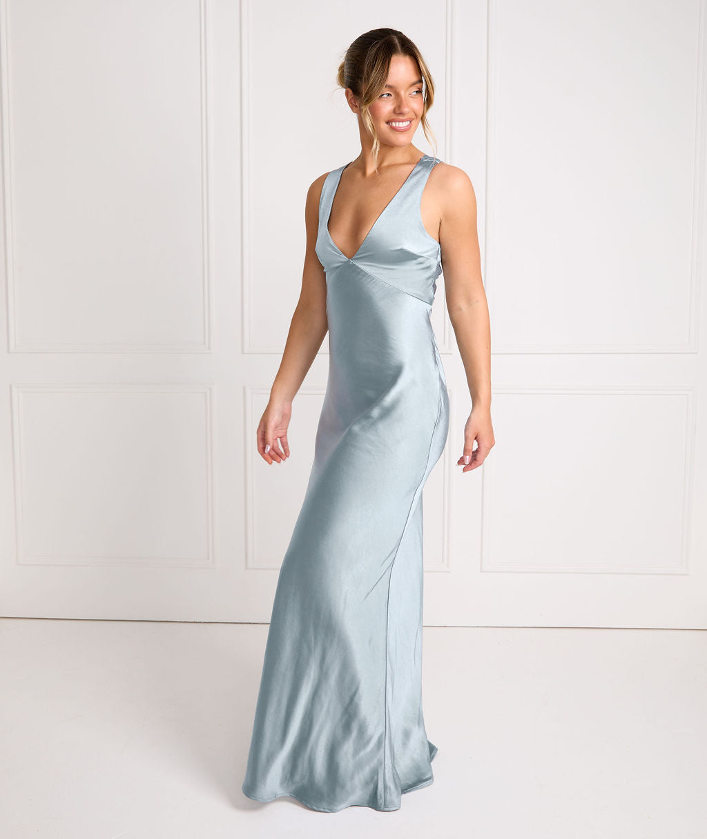 Dusty Blue Satin Bridesmaid Dress - Twist Back, Low Plunge Style. – Six ...