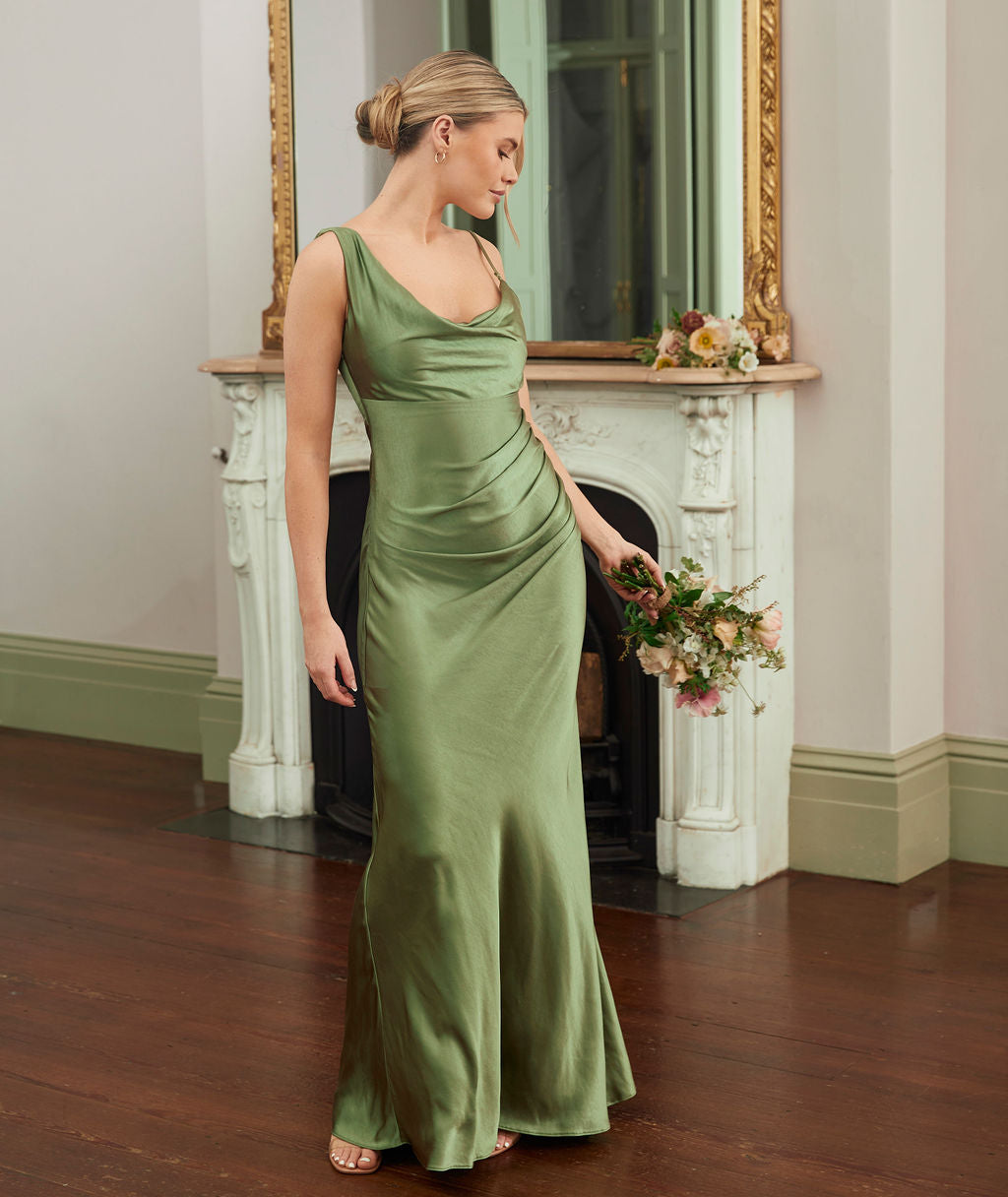 Cowl Front Asymmetrical Satin Bridesmaid Dress - Moss Green | Six Stories