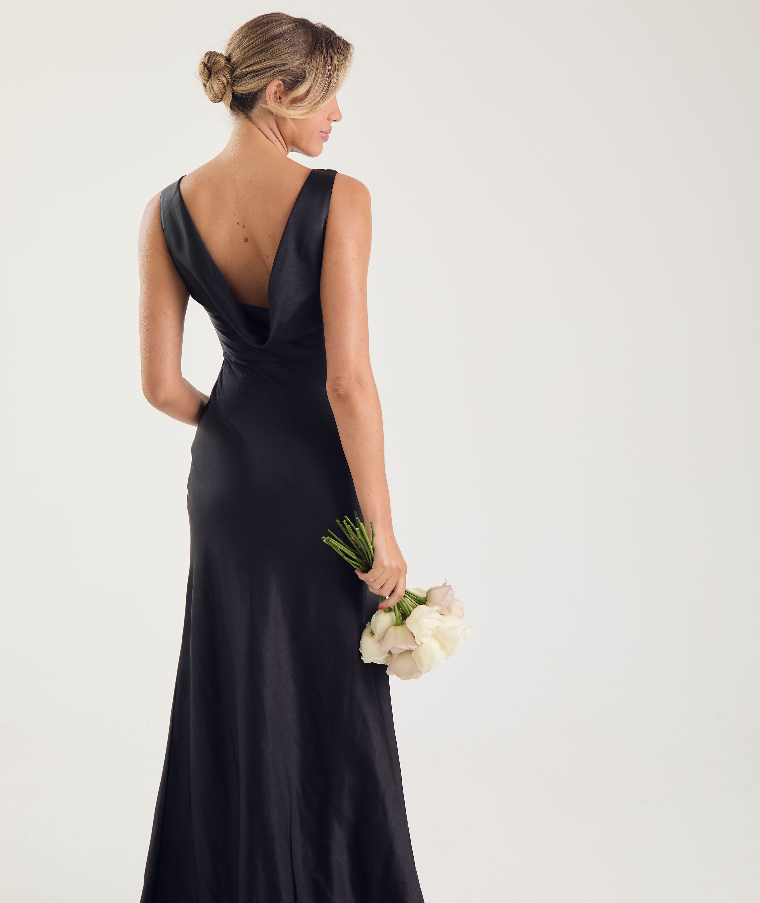 Cowl Back Satin Bridesmaid Dress - Black – Six Stories